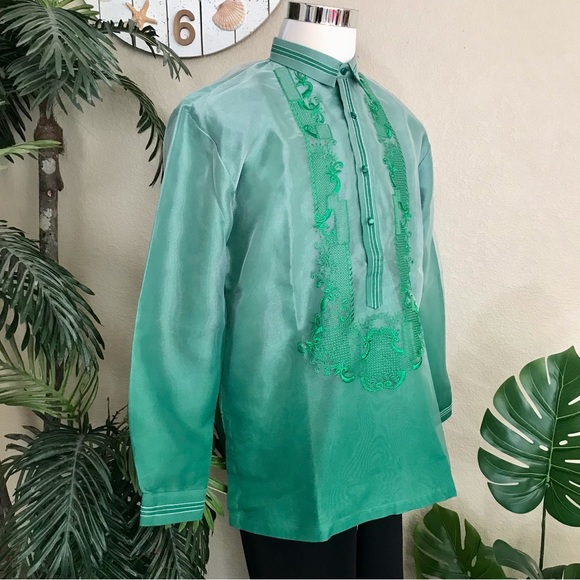 Shirts | Emerald Green Monochromatic Organza Barong Tagalog With ...